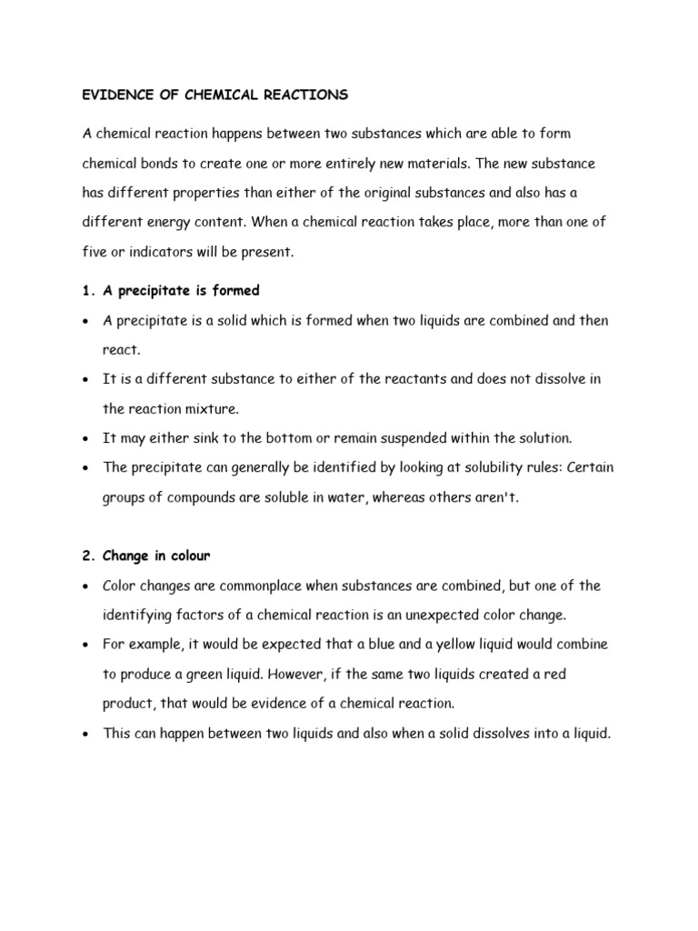 Evidence of Chemical Reactions | PDF | Chemical Reactions | Chemical ...