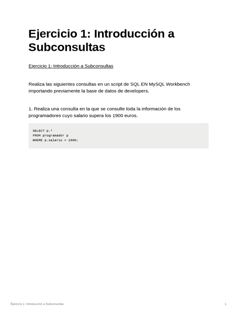 Ejercicio 1 Introducción A Subconsultas | PDF