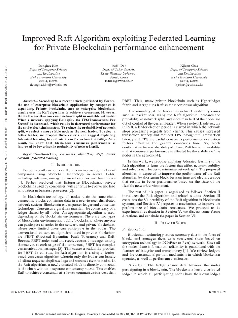 Improved Raft Algorithm Exploiting Federated Learning For Private Blockchain Performance ...