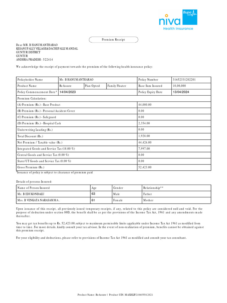 Niva Bupa Health Insurance Premium Receipt | PDF | Finance & Money ...
