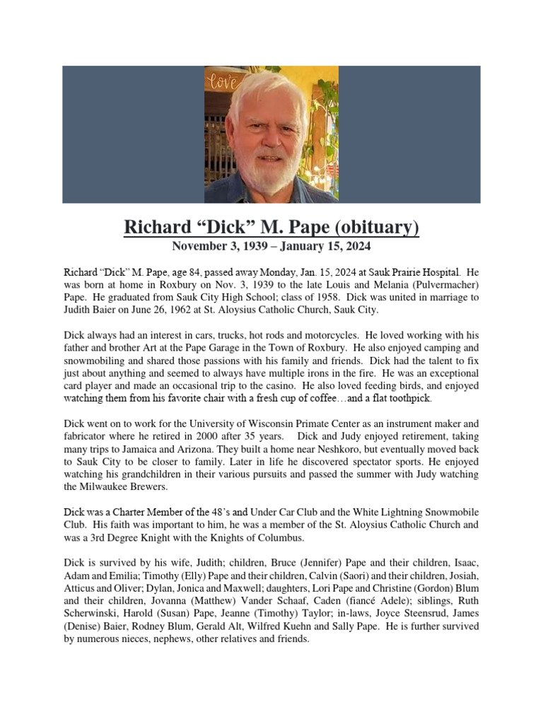 Obituary For Richard (Dick) Pape | PDF | Rituals | Death Customs