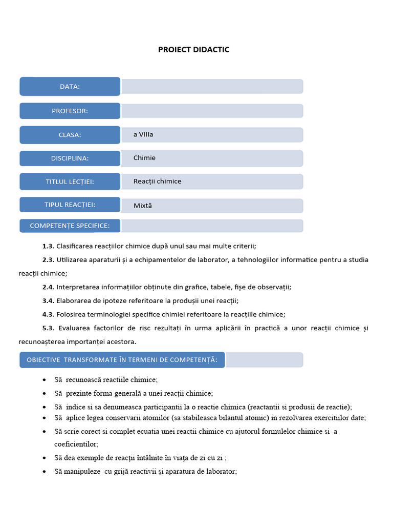 Proiect - Didactic - Reactii Chimice Clasa A 8-A | PDF