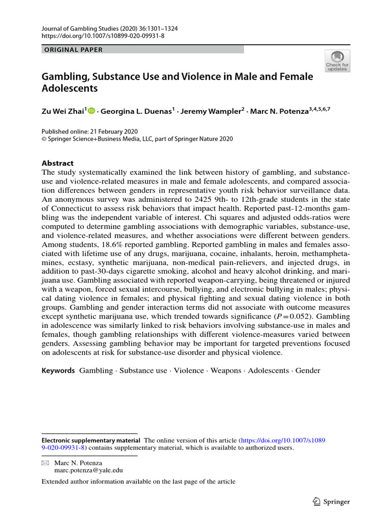 Gambling, Substance Use and Violence in Male and Female Adolescents ...