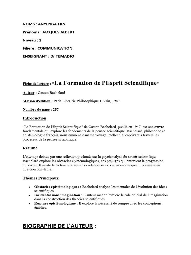 Bachelard : Formation de l'Esprit Scientifique | PDF | Science | Cognition
