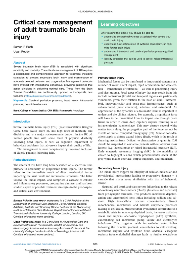 Critical Care Management of Adult Traumatic Brain Injury | PDF ...