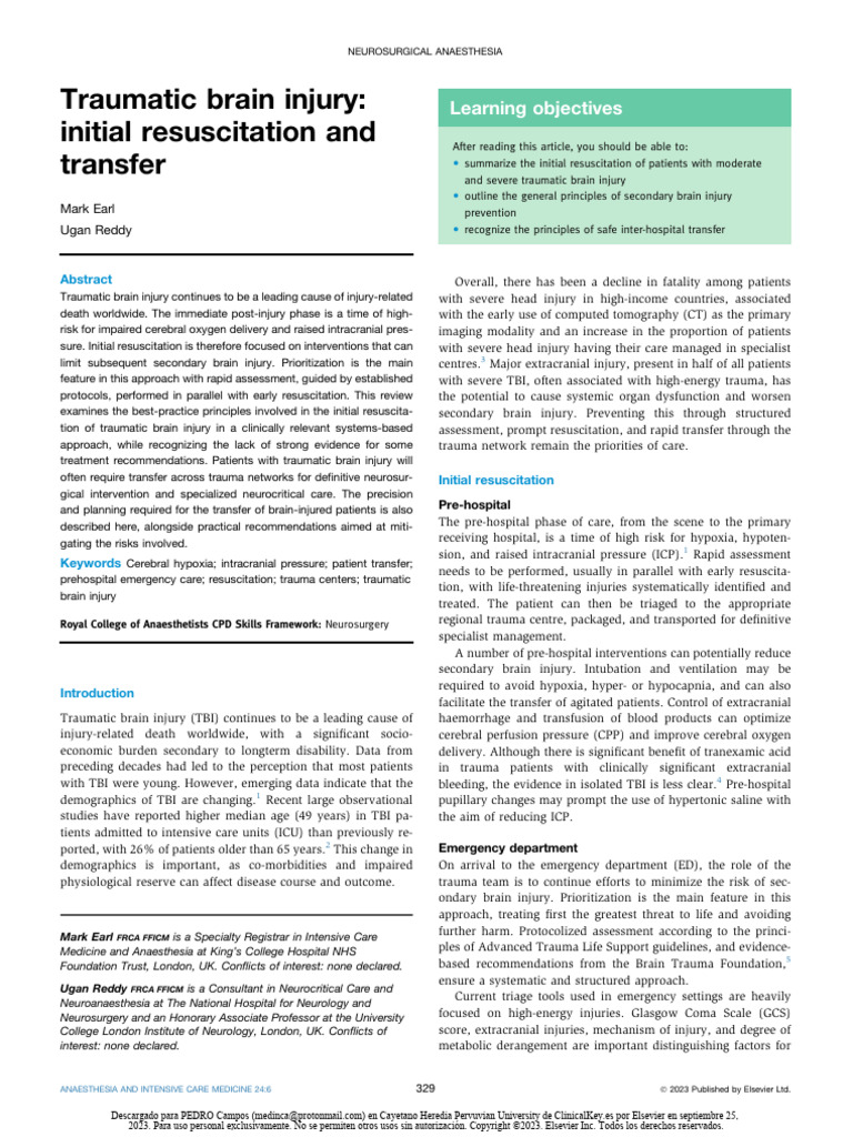 Traumatic Brain Injury Initial Resuscitation and Transfer | PDF ...