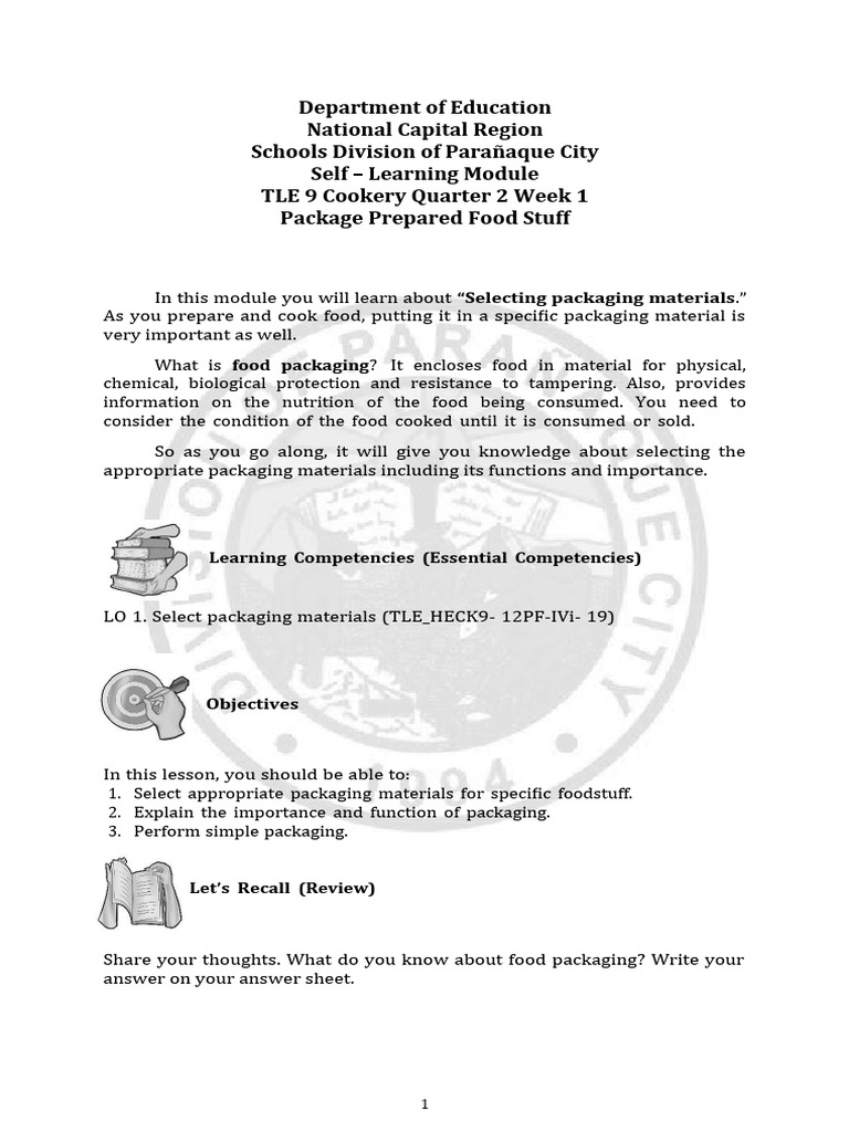 Copy (1) TLE-9-Cookery-WeekONE | PDF | Packaging And Labeling | Plastic