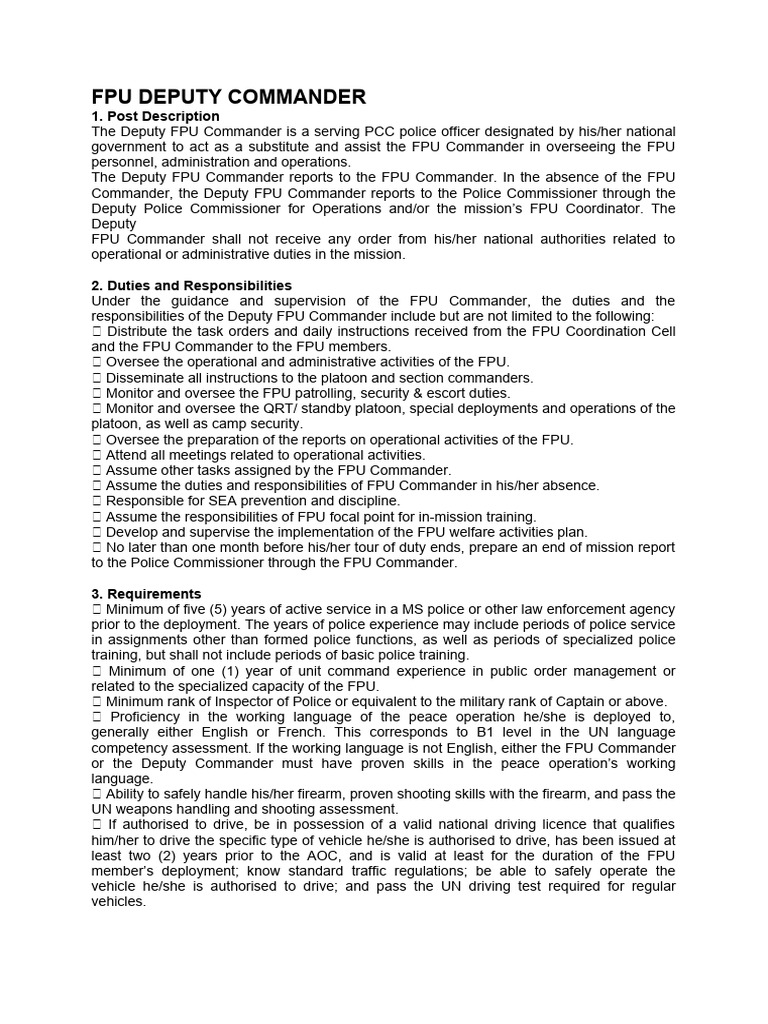 FPU Deputy Commander Responsibilities | PDF | Police | Commander