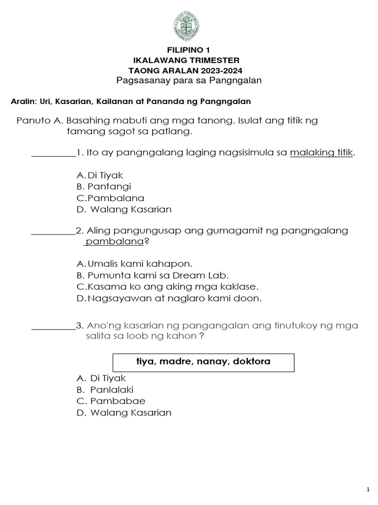 Pagsasanay para Sa Uri, Kasarian, Kailanan at Pananda NG Pangngalan ...
