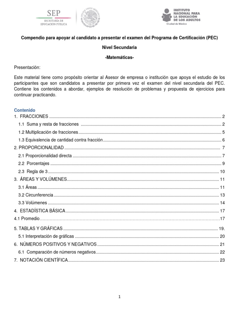 Compendio PEC Secundaria Mate Mzo-18 1 | PDF | Volumen | Pi
