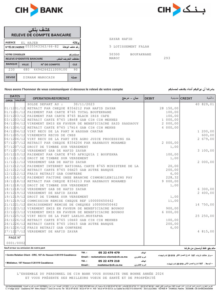 Relevé de Compte Bancaire CIH 2023 | PDF | Guichet automatique bancaire ...
