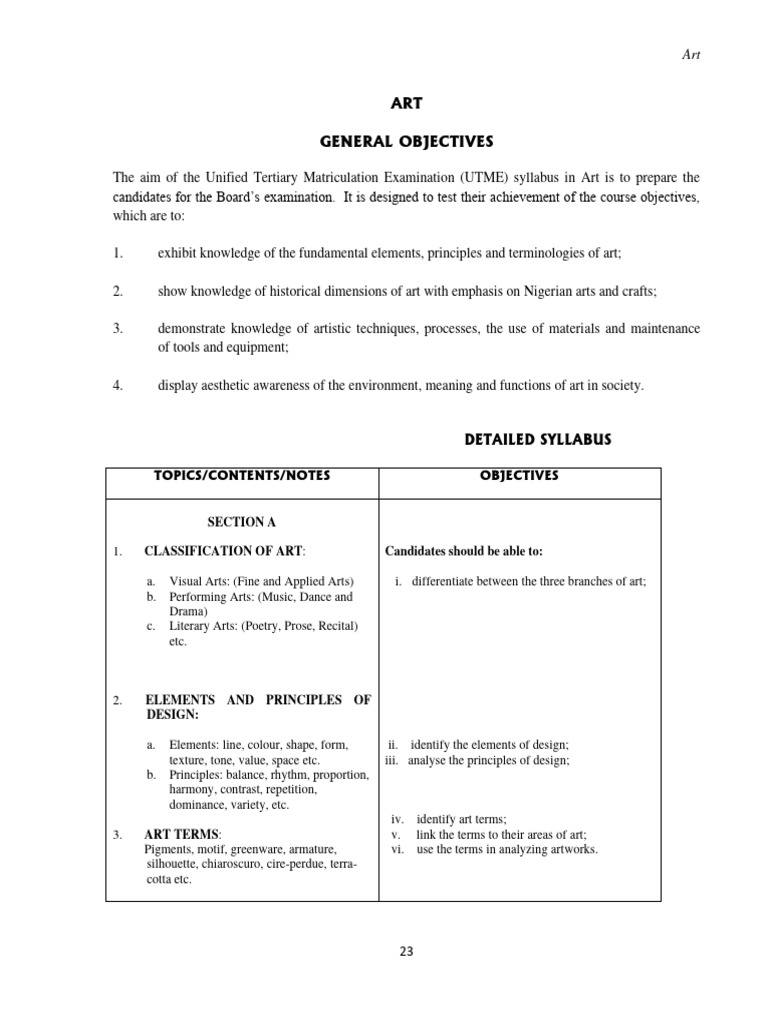 ART General Objectives: Detailed Syllabus | Download Free PDF | The ...