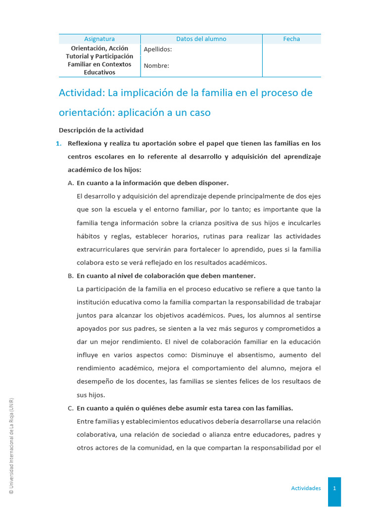 La Implicación de La Familia en El Proceso de Orientación Aplicación A Un Caso | PDF | Educación ...