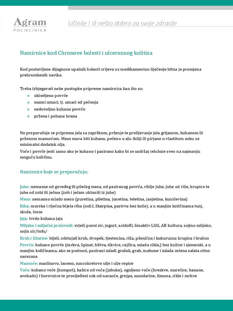 Prehrana Za Pacijente S Chronovom Bolešću - Savjeti - Gastroentero | PDF