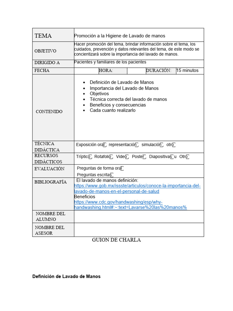 Guíon de Charla Labado de Manos | PDF | Lavado de manos | Epidemiología