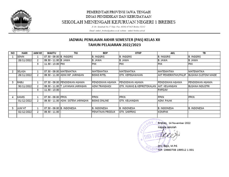 Jadwal PAS 2022-2023 - Kelas XII Rev.01 | PDF