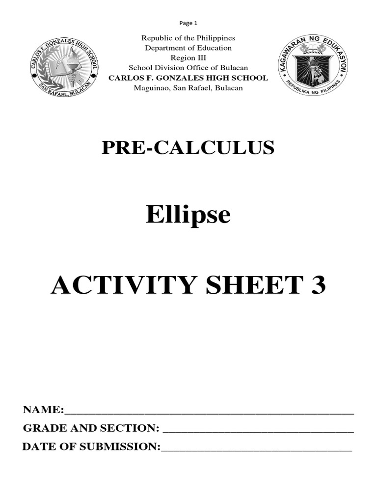 Activity Sheet Pre Calculus Week 3 | PDF | Ellipse | Equations