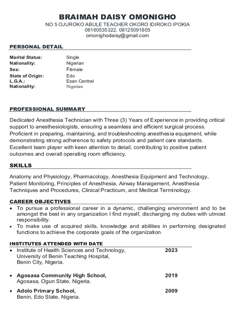 Braimah Daisy CV | PDF | Anesthesia | Surgery