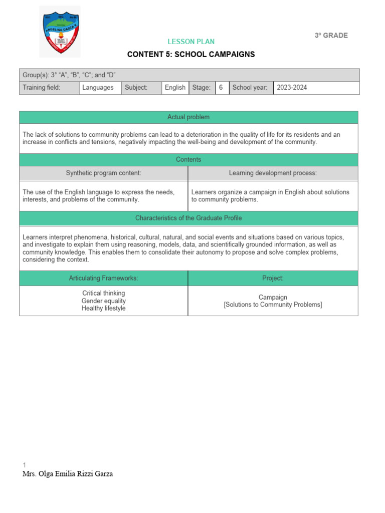 3GC5 School Campaigns - LP - 2023-2024 | PDF | Lesson Plan | Goal