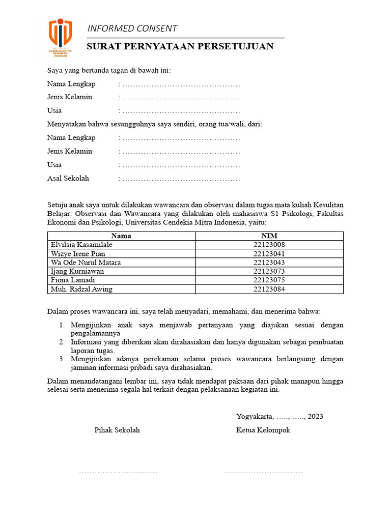 Contoh Informed Consent Untuk Observasi Dan Wawancara Kelompok | PDF