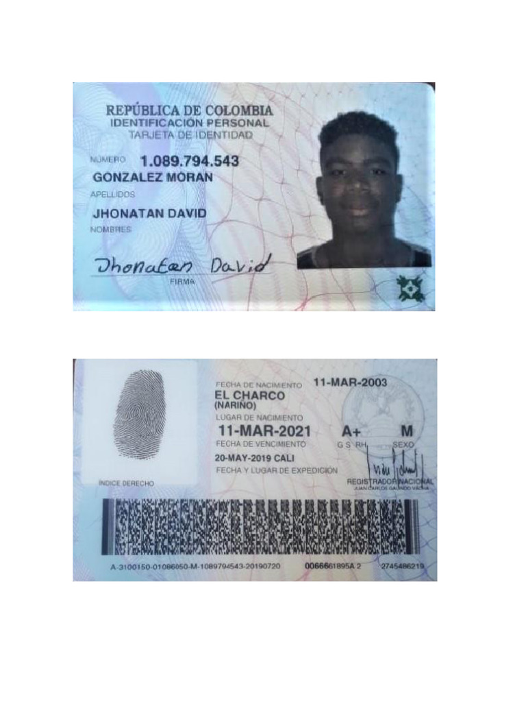 Tarjeta de Identidad Jhonatan David Oliver | PDF