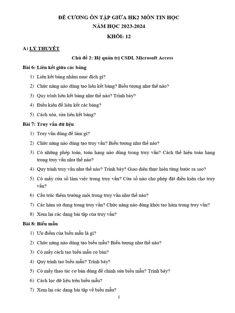 De Cuong On Tap Giua HK2 Tin K12 2023-2024 | PDF