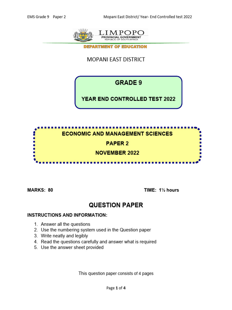 Ems Grade 9 Paper 2 Term 4 Controlled Test Question Paper | PDF