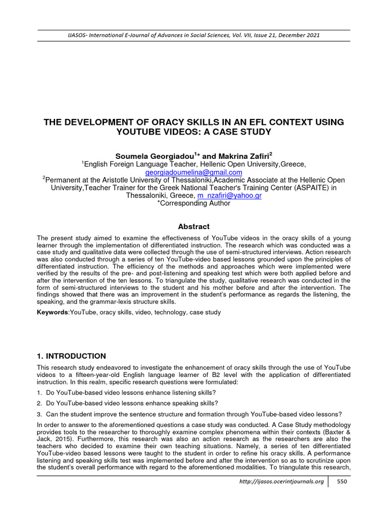 The Development of Oracy Skills in An Efl Context Using Youtube Videos: A Case Study | PDF ...