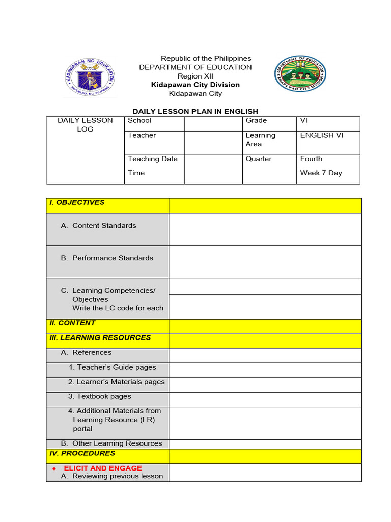 Daily Lesson Plan for English VI | PDF | Learning | Teachers