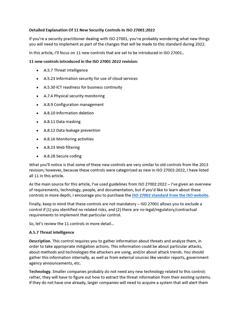Detailed Explanation of 11 New Security Controls in ISO 27001 2022 | PDF | Security | Computer ...
