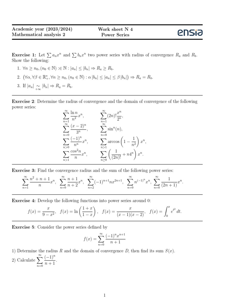 Worksheet Power Series | Download Free PDF | Power Series ...