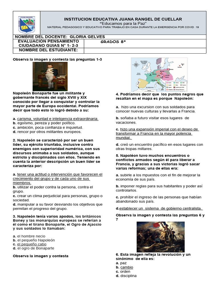 1 Evaluacion Sociales Grado Octavo | PDF | Napoleón | Colombia