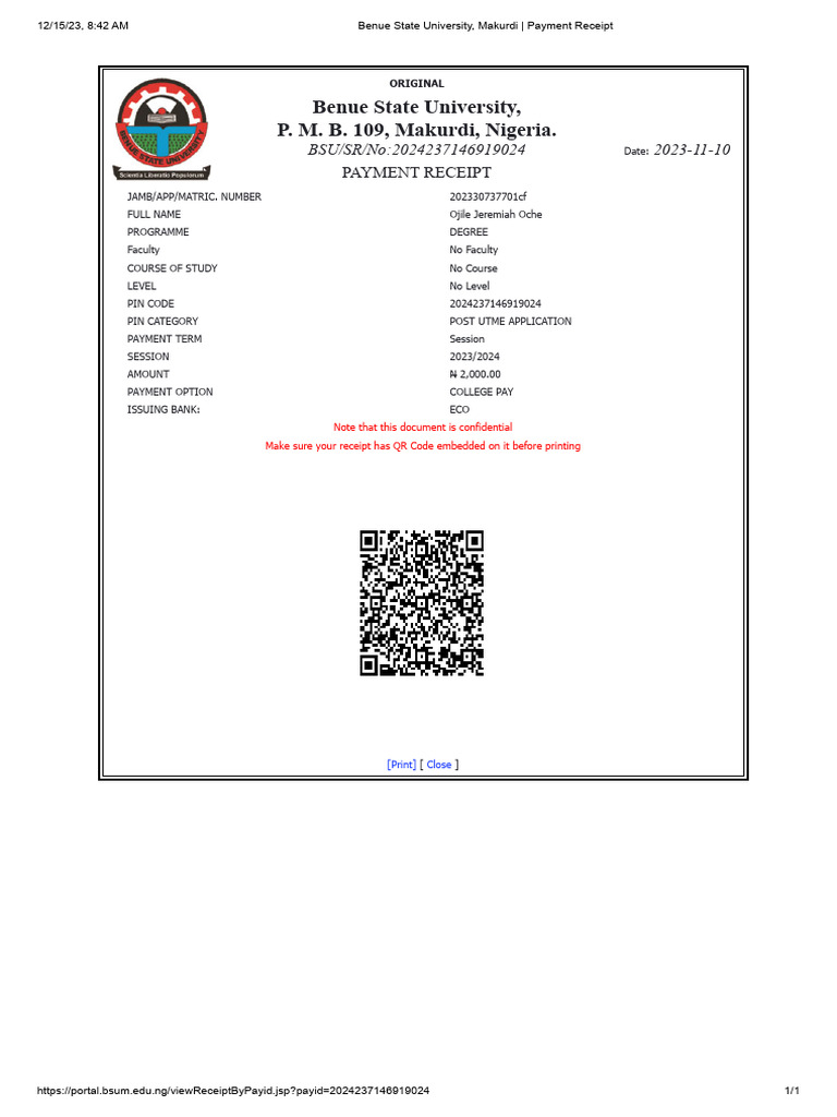 Benue State University Makurdi Payment Receipt Pdf