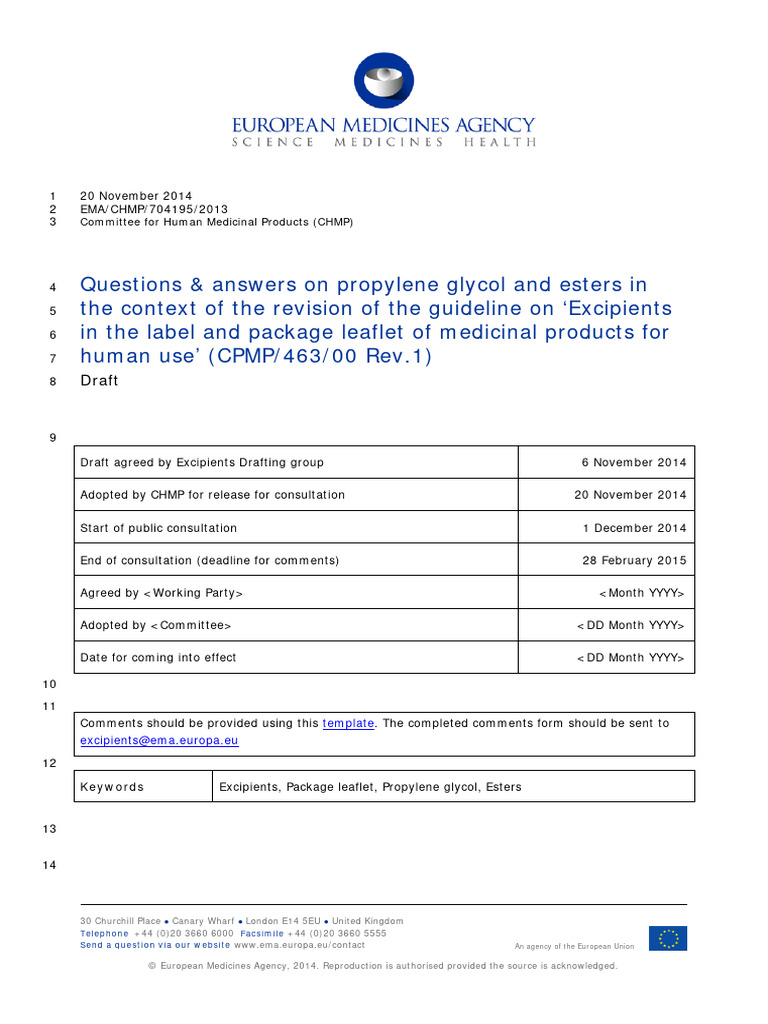 Draft Questions Answers Propylene Glycol Esters Context Revision Guideline Excipients Label ...