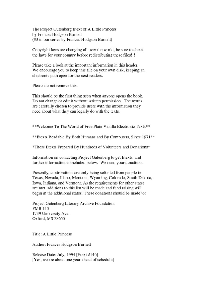 A Little Princess | PDF | Project Gutenberg | A Little Princess