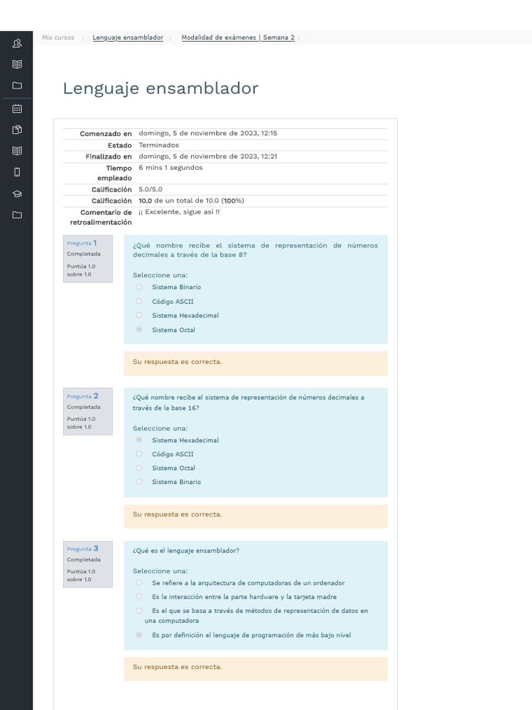 Modalidad de Exámenes - Semana 2 - Revisión Del Intento | PDF | Lenguaje ensamblador | Lenguaje ...