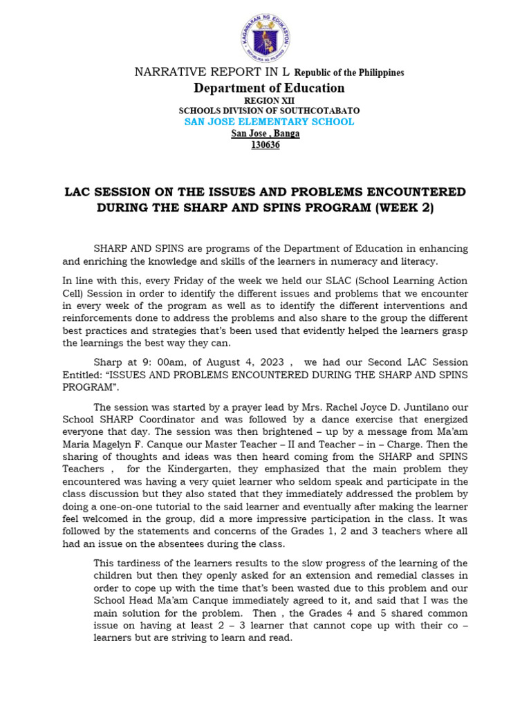 Narrative Report in Lac Session On The Issues and Problems Encountered ...