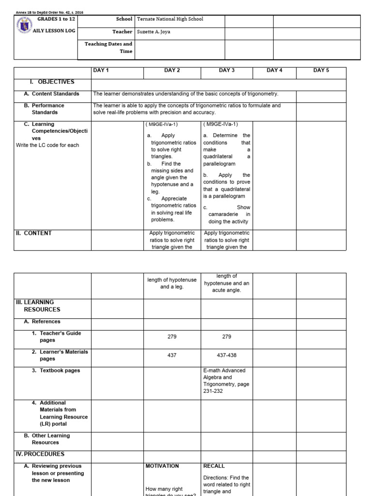 DLL For LC 43.2a - B-Solving Right Triangle (Joya) | PDF | Triangle ...