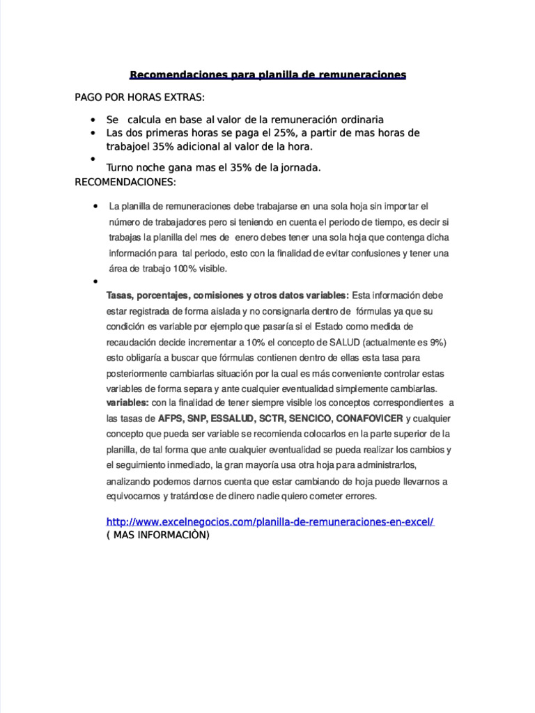 PDF Recomendaciones para Planilla de Remuneraciones - Compress | PDF