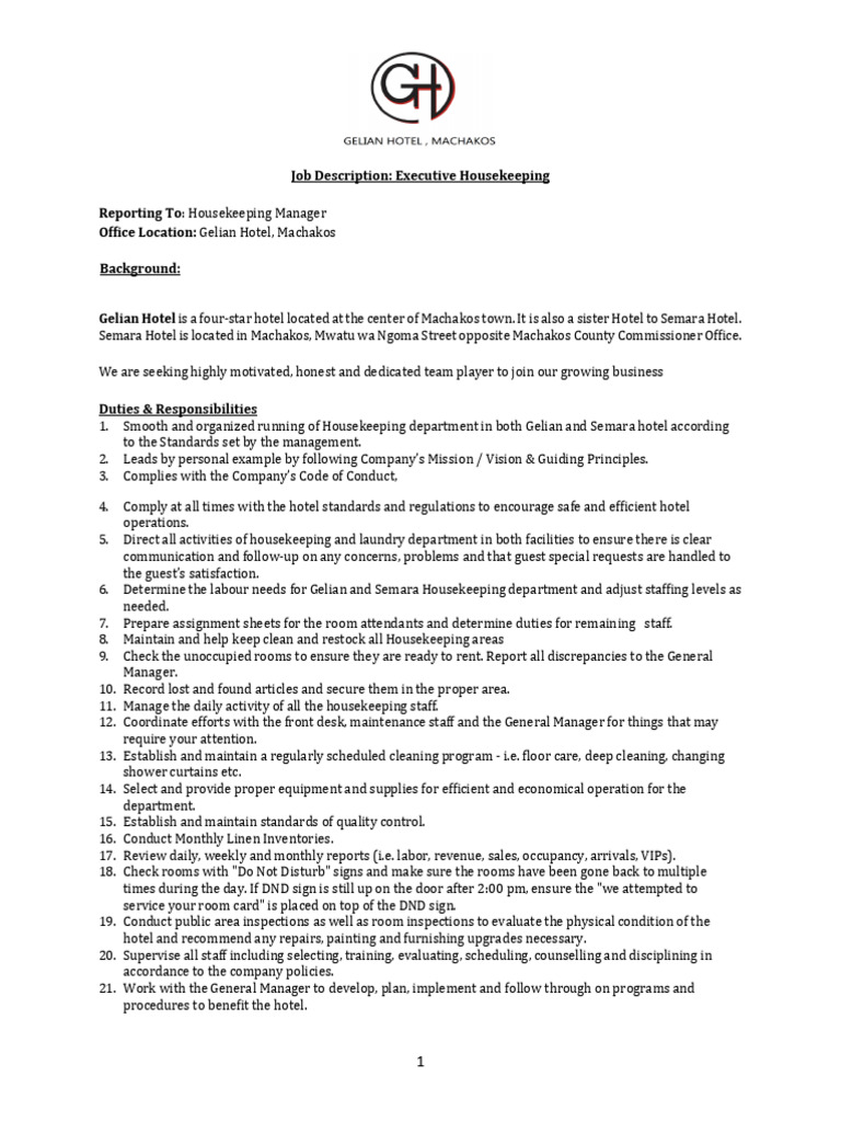 Executive Housekeeper Job Description | PDF | Housekeeping | Economies