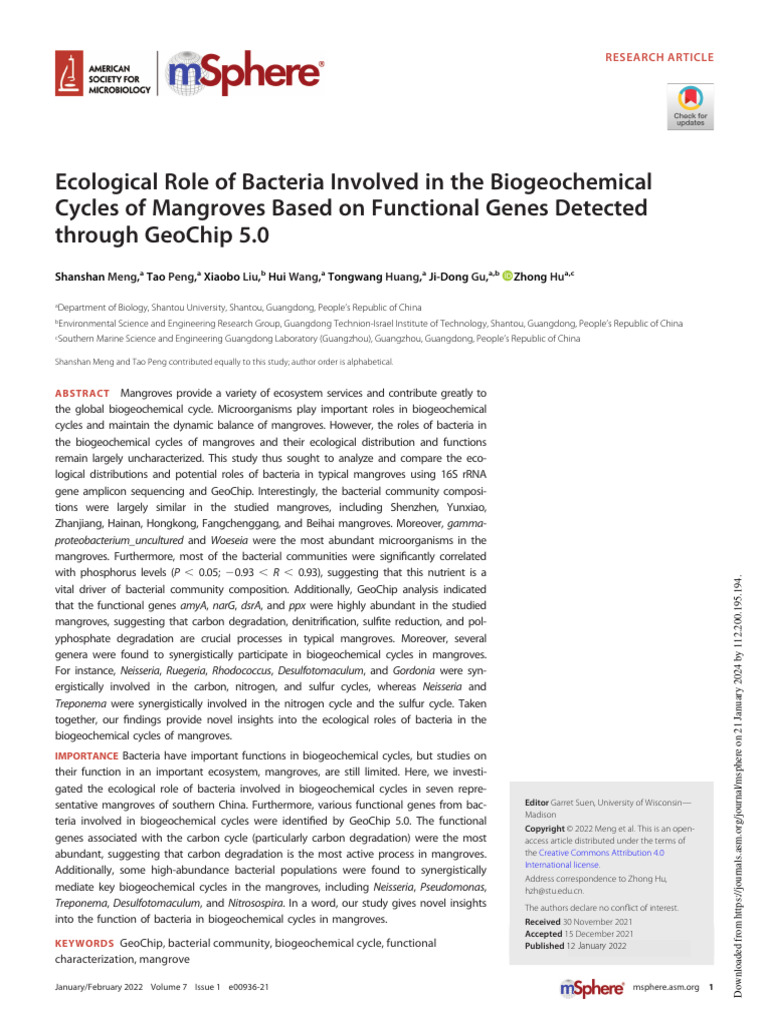 Meng Et Al 2022 Ecological Role of Bacteria Involved in The Biogeochemical Cycles of Mangroves ...