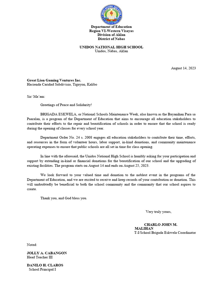 Brigada Solicitation Letter 2023 | PDF | Government | Philippines