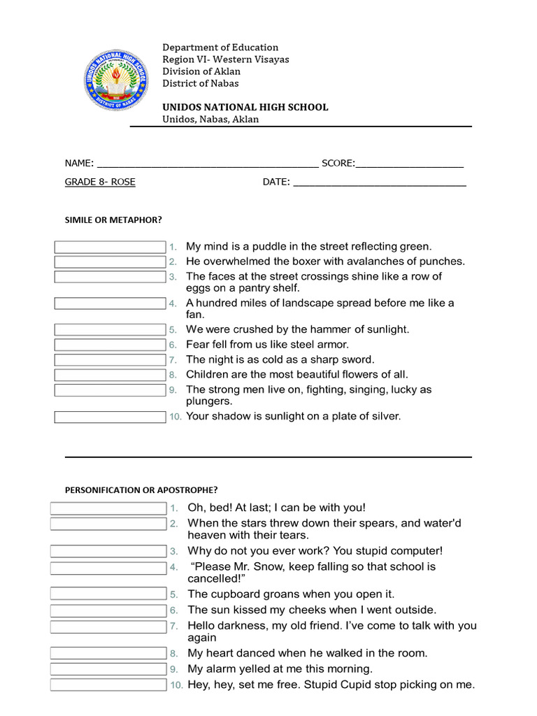 Simile, Metaphor, Personification Test | PDF