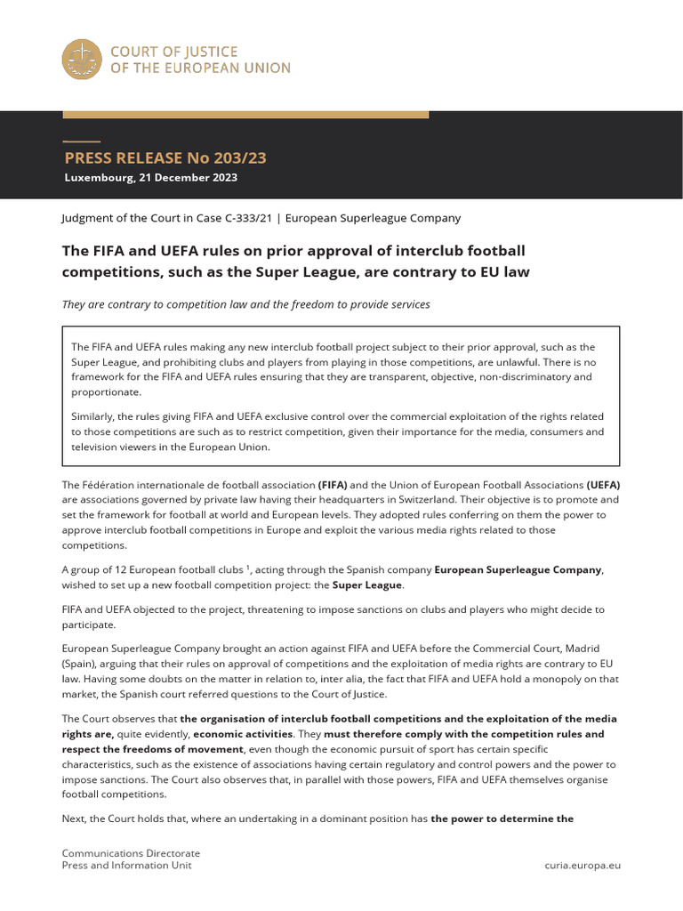 Press Release Case C 333 21 1703153477 | PDF | Fifa | European Union
