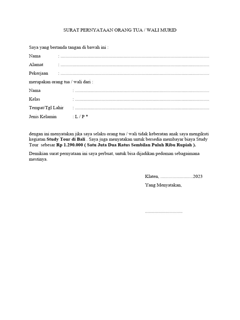 Surat Pernyataan Orang Tua Study Tour | PDF
