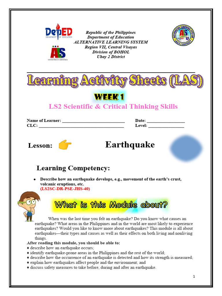 Week1 - LS2 LAS (Earthquake) | PDF | Earthquakes | Plate Tectonics
