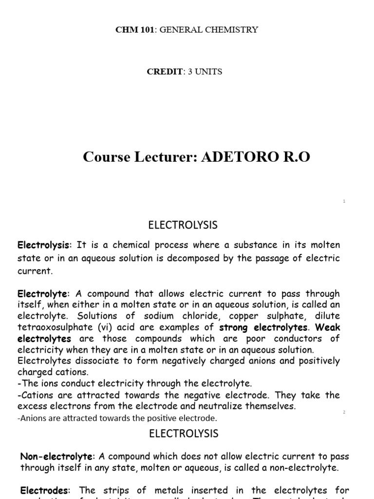 Electrolysis in Chemistry: Key Concepts | PDF | Electrolyte | Anode