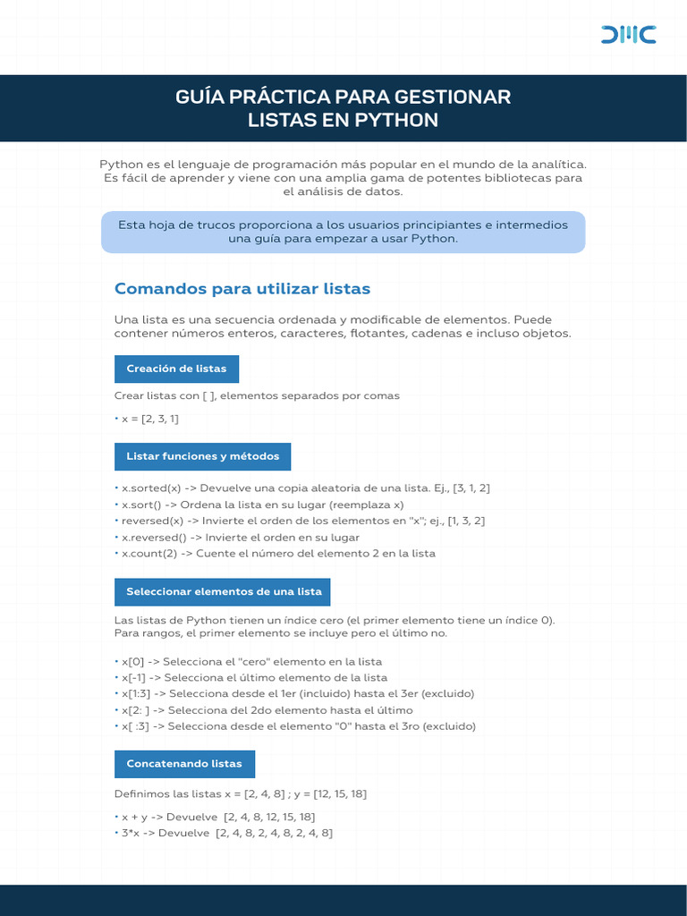 Comandos para Gestionar Listas en Python | PDF