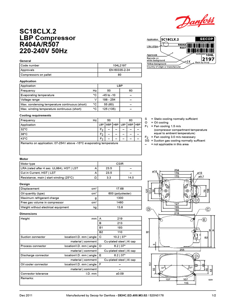 SC18CLX.2 LBP Compressor R404A/R507 220-240V 50Hz: General | PDF ...