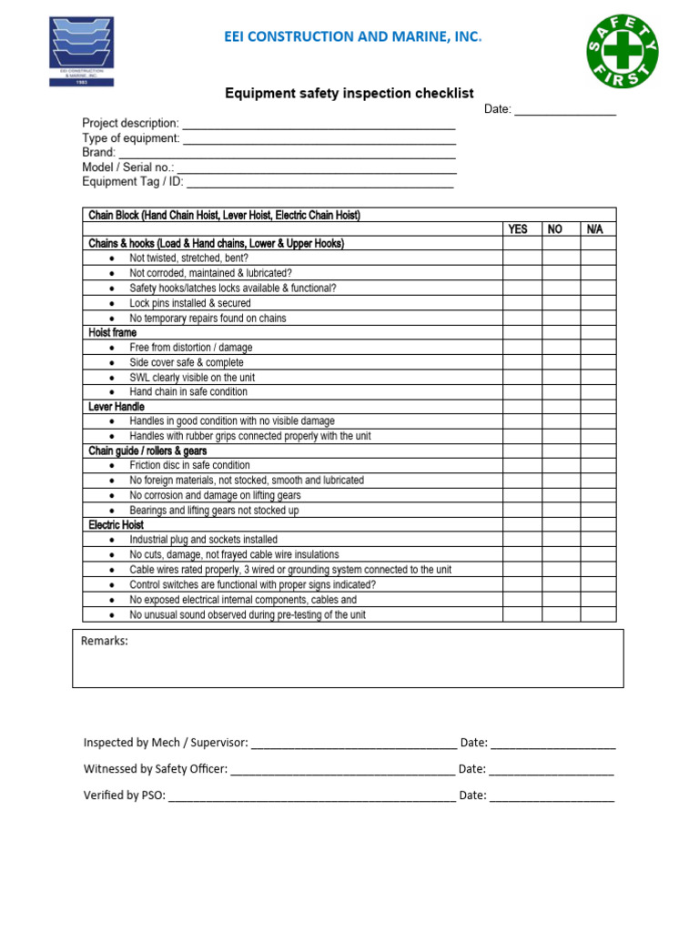 Lifting Equipment Inspection Checklist | PDF | Technology & Engineering